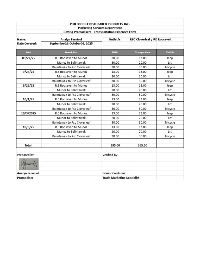 Roving Promodisers Transport Expense Report | PDF | Economy Of The ...