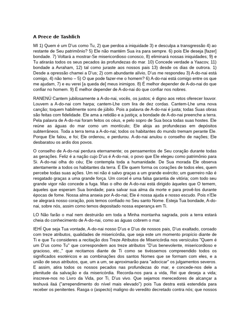 A Prece de Tashlich: Perdão e Misericórdia | PDF | Crença e doutrina ...