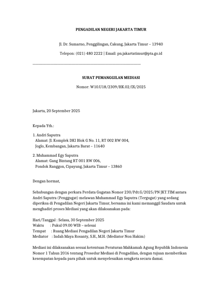 Surat Panggilan Mediasi PN Jakarta Timur | PDF