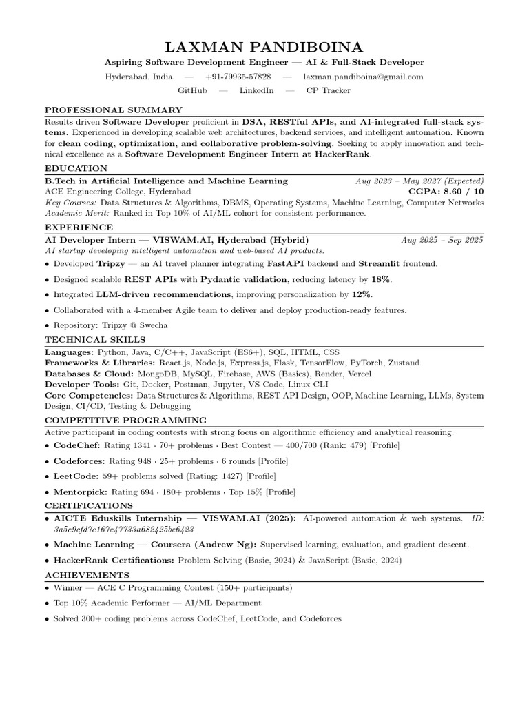 Laxman Pandiboina SDE Intern HackerRank PDF | PDF | Artificial ...