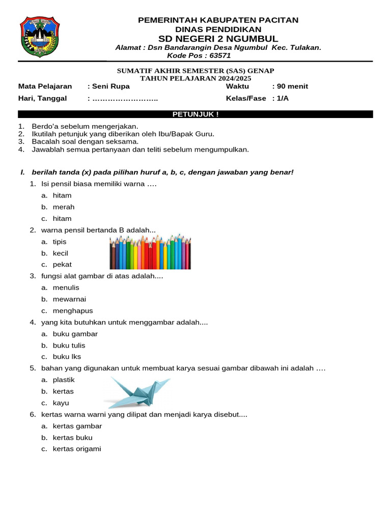 Soal Seni Rupa Kelas 1 Sd 2024 2025 Pdf