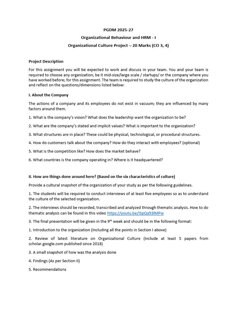 PGDM 2025 Org Culture Project | PDF