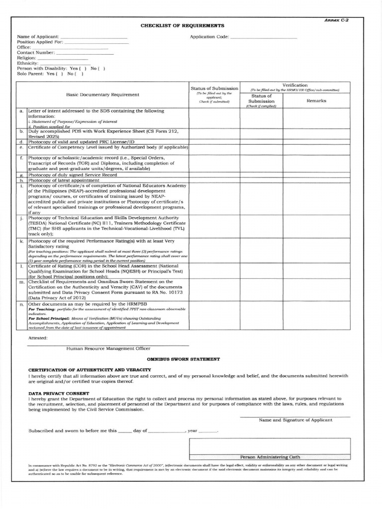 Checklist of Requirements and Omnibus Sworn Statement On The ...