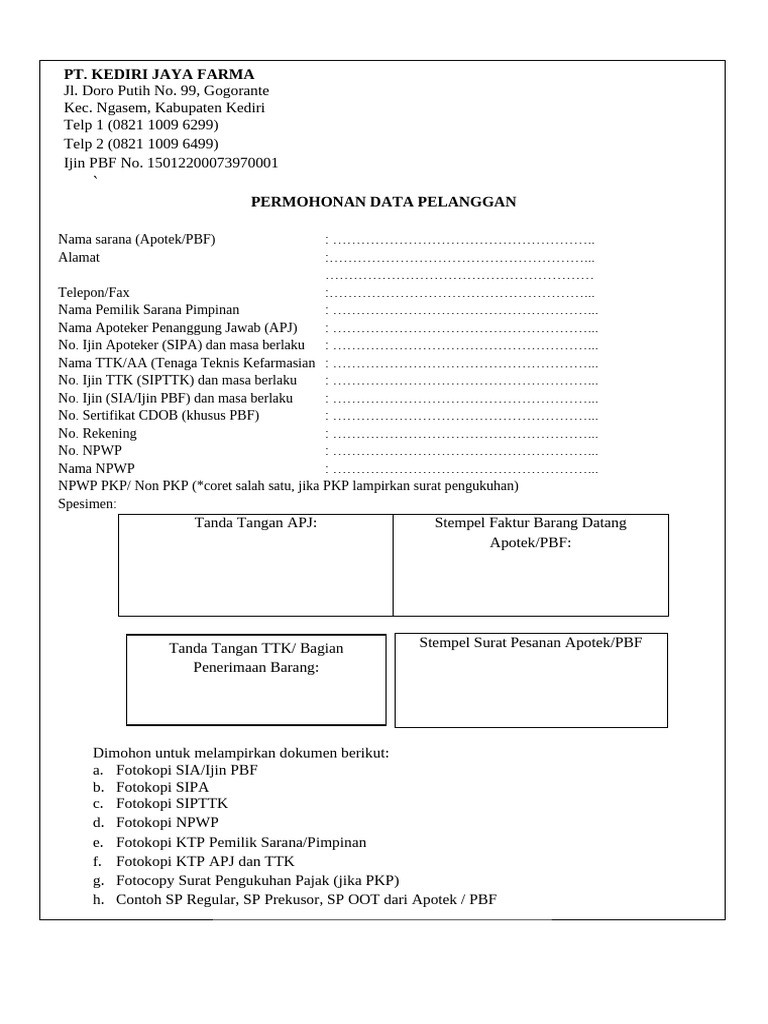 Permohonan Data Pelanggan PBF Kediri | PDF
