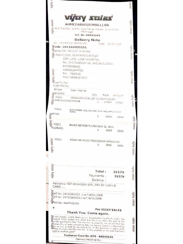 Kenstar Food Processor Bill of Purchase | PDF