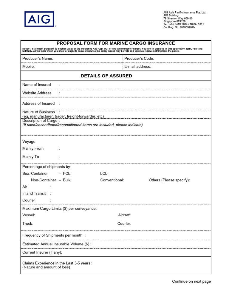 AIG Marine Cargo Proposal Form | PDF | American International Group ...