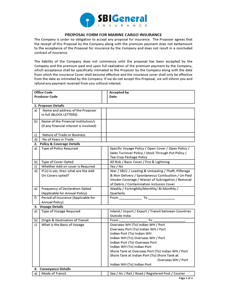 SBI Marine Cargo Insurance Proposal Form | PDF | Insurance | Port