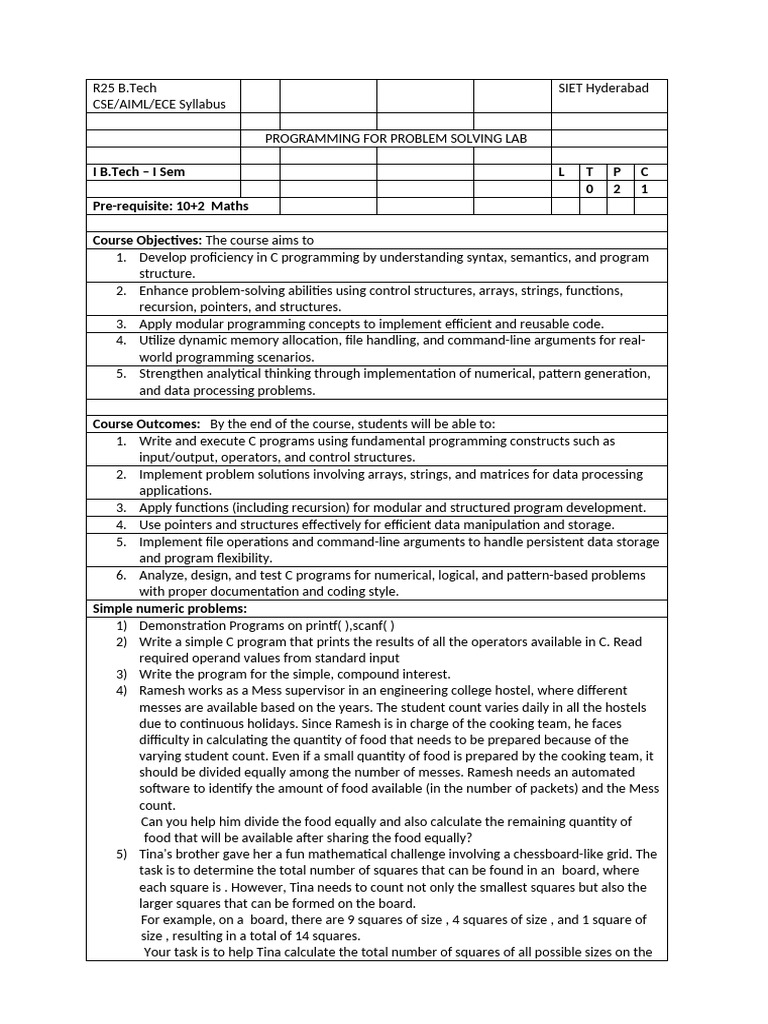 R25 PPS LAB Common Syllabus For All Branches Prepapred by CSE 29.08.25 | PDF | String (Computer ...