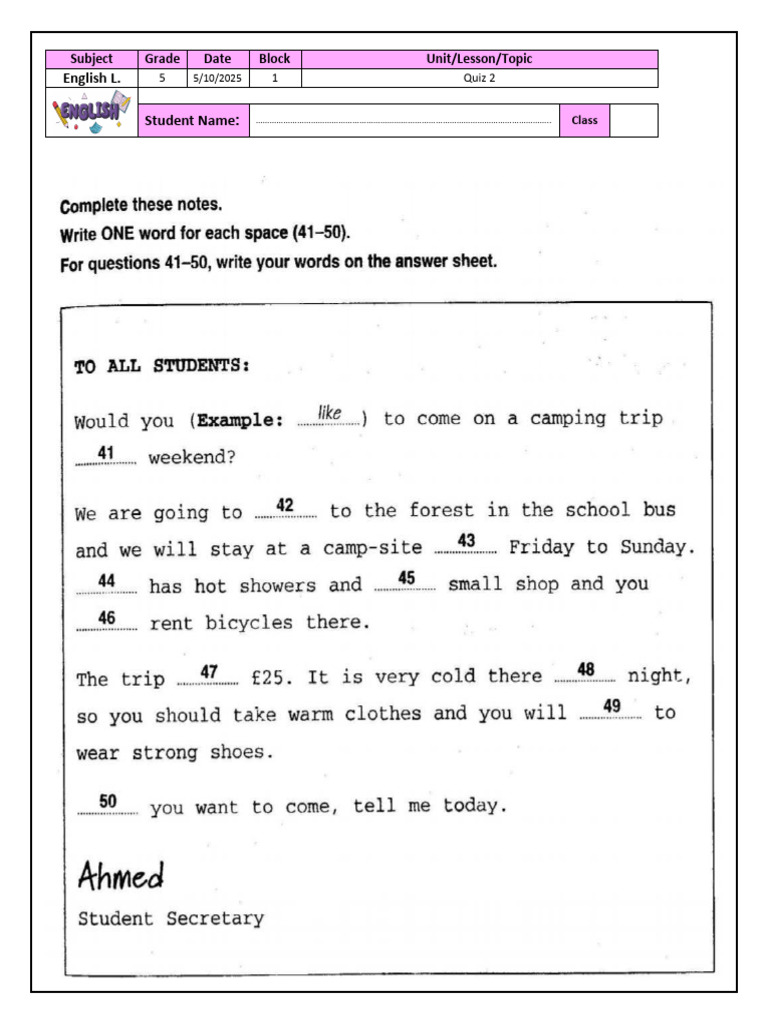 Quiz 2 B1 Gr5 | PDF