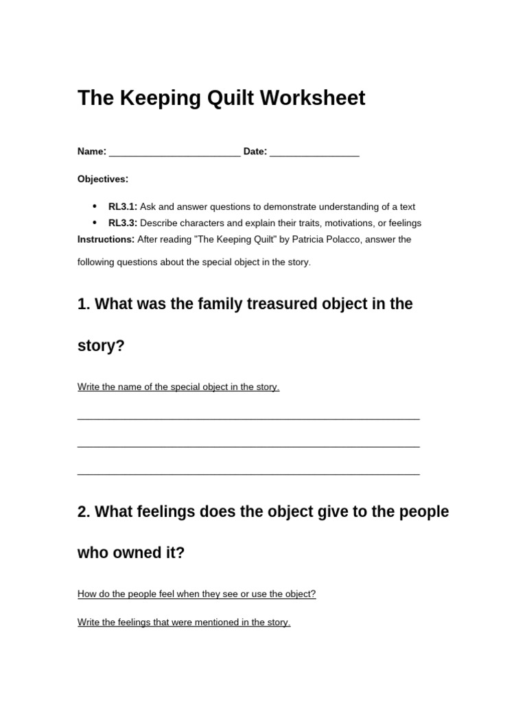 The Keeping Quilt Worksheet | PDF