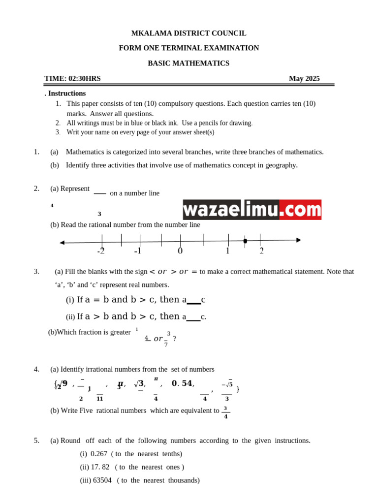 Form One Basic Mathematics Exam | PDF | Numbers | Real Number