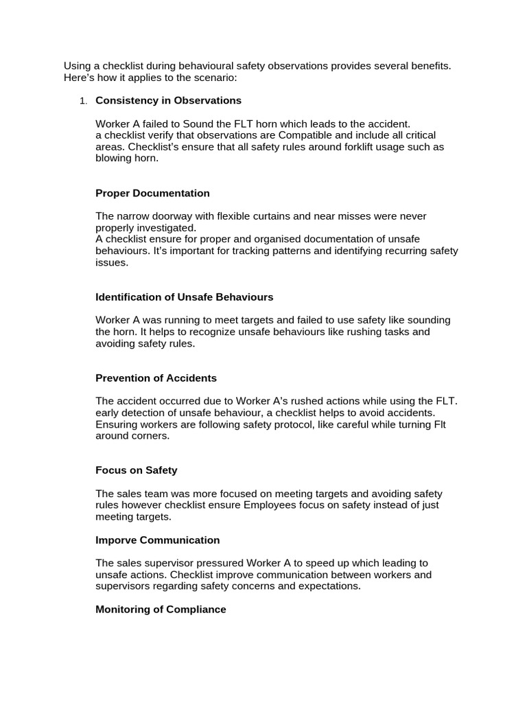 Using A Checklist During Behavioural Safety Observations Provides ...