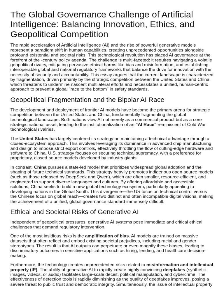 The Global Governance Challenge of Artificial Intelligence Balancing ...