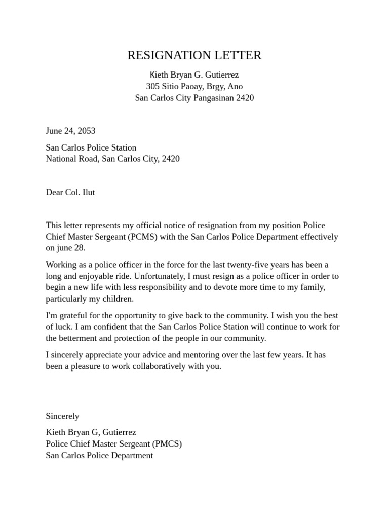 Police Officer Resignation Letter Sample | PDF