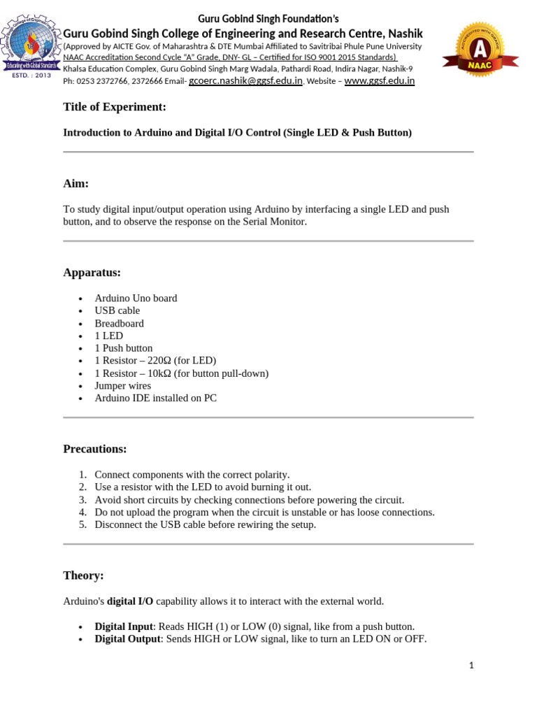 Expt No 01 Introduction to Arduino and Digital I_O Control-1 | PDF ...