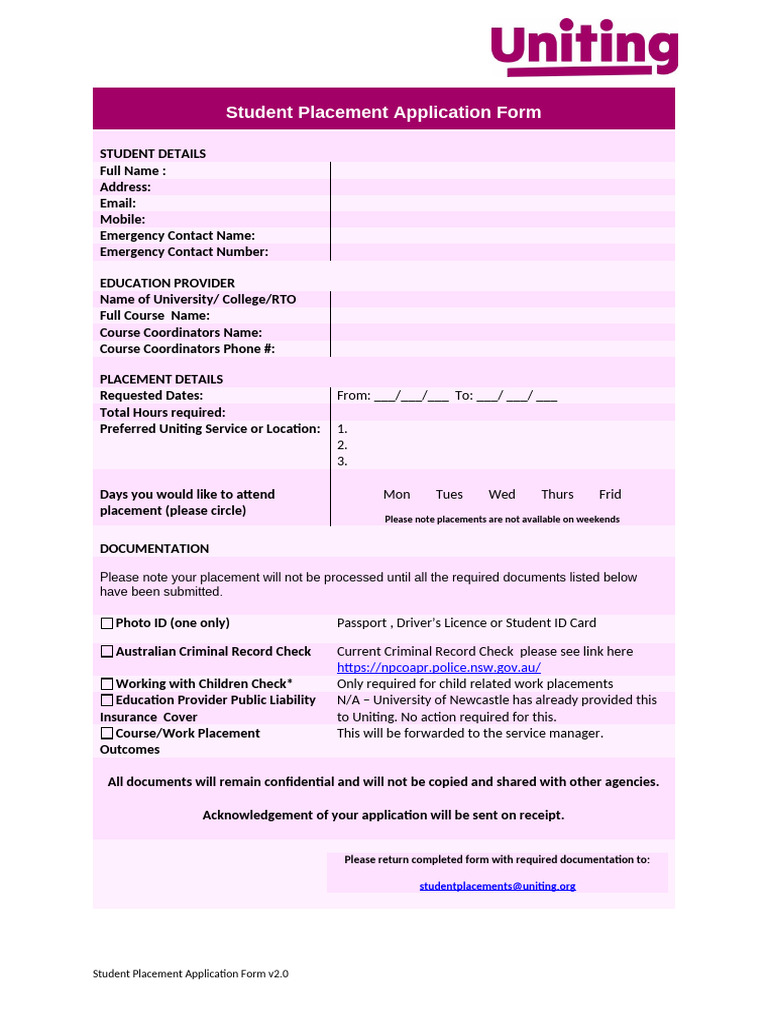 Student Placement Application Form | PDF