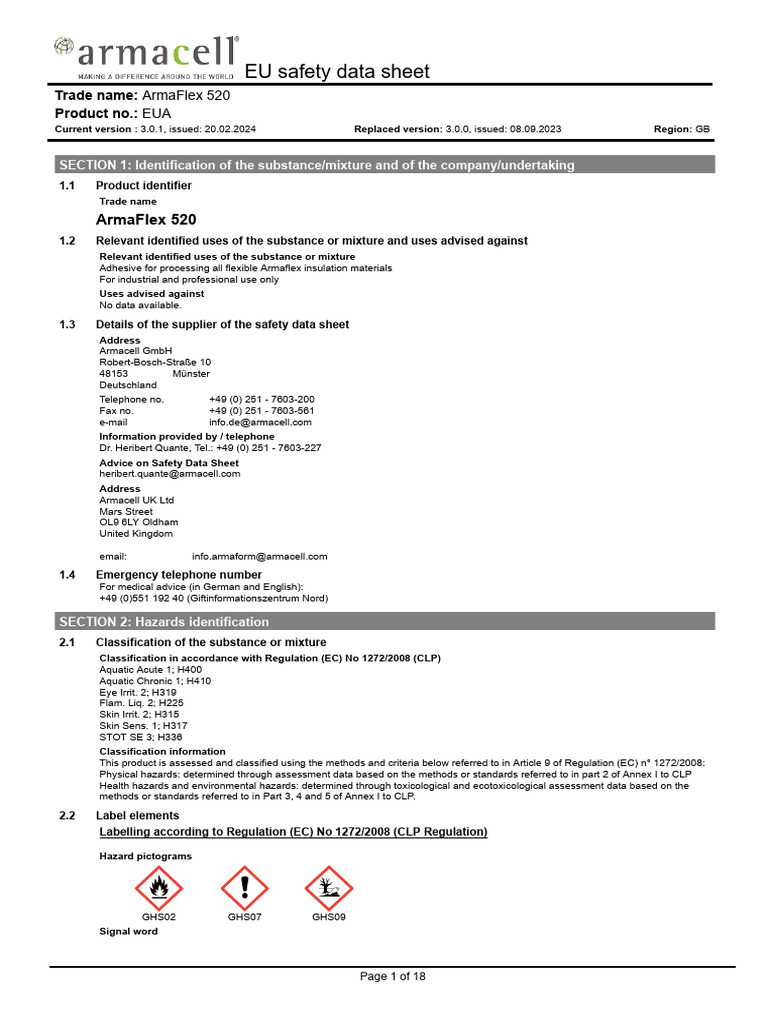 ArmaFlex 520 Safety Data Sheet | PDF | Chemistry | Occupational Safety ...