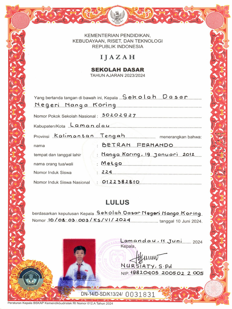 Ijazah SDN Nanga Koring 2024 | PDF