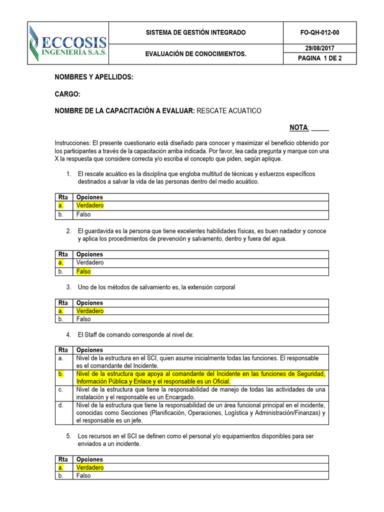 Evaluacion de Rescate Acuatico Ok | PDF
