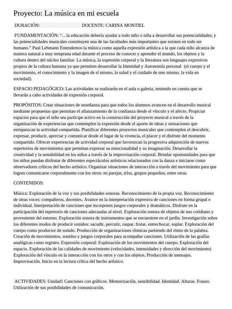 Proyecto Musical Escolar: Expresión y Aprendizaje | PDF | Canciones ...