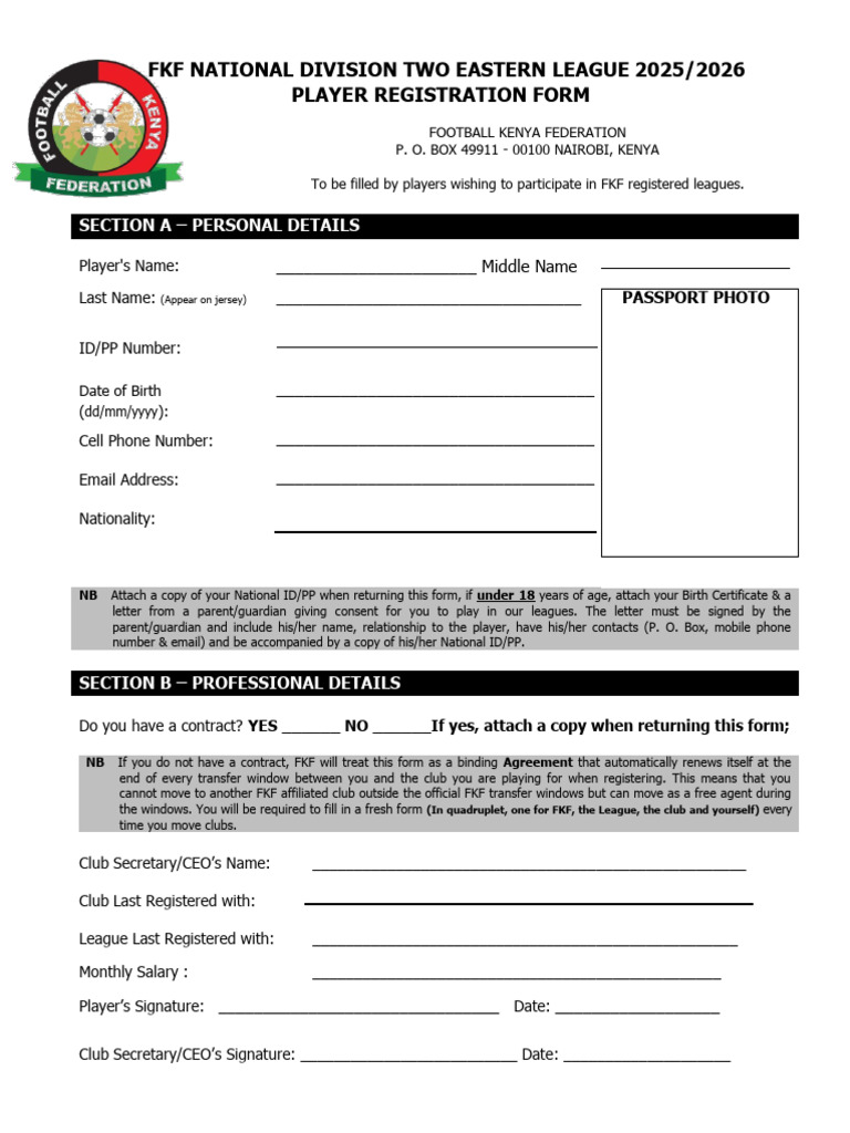 Registration Form Division Two Eastern League | PDF