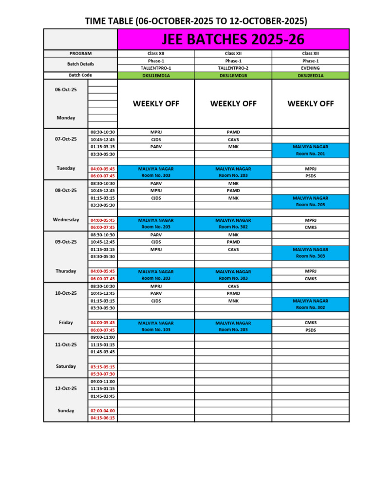 Iit-Jee Time Table (06 October-12 October 2025) | PDF