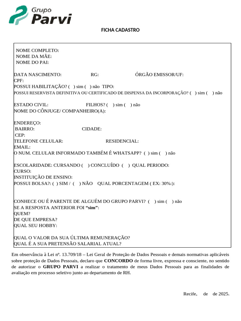 Cadastro Grupo Parvi - Editavel | PDF