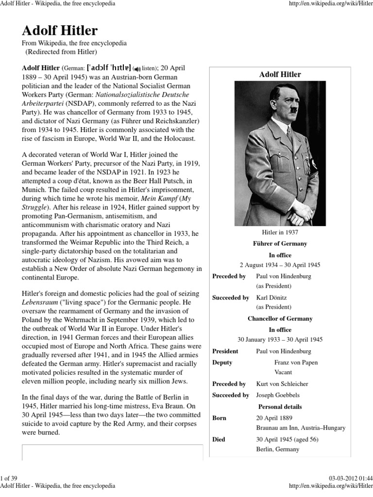 Adolf Hitler - Wikipedia, The Free Encyclopedia | PDF | Nazi Party ...