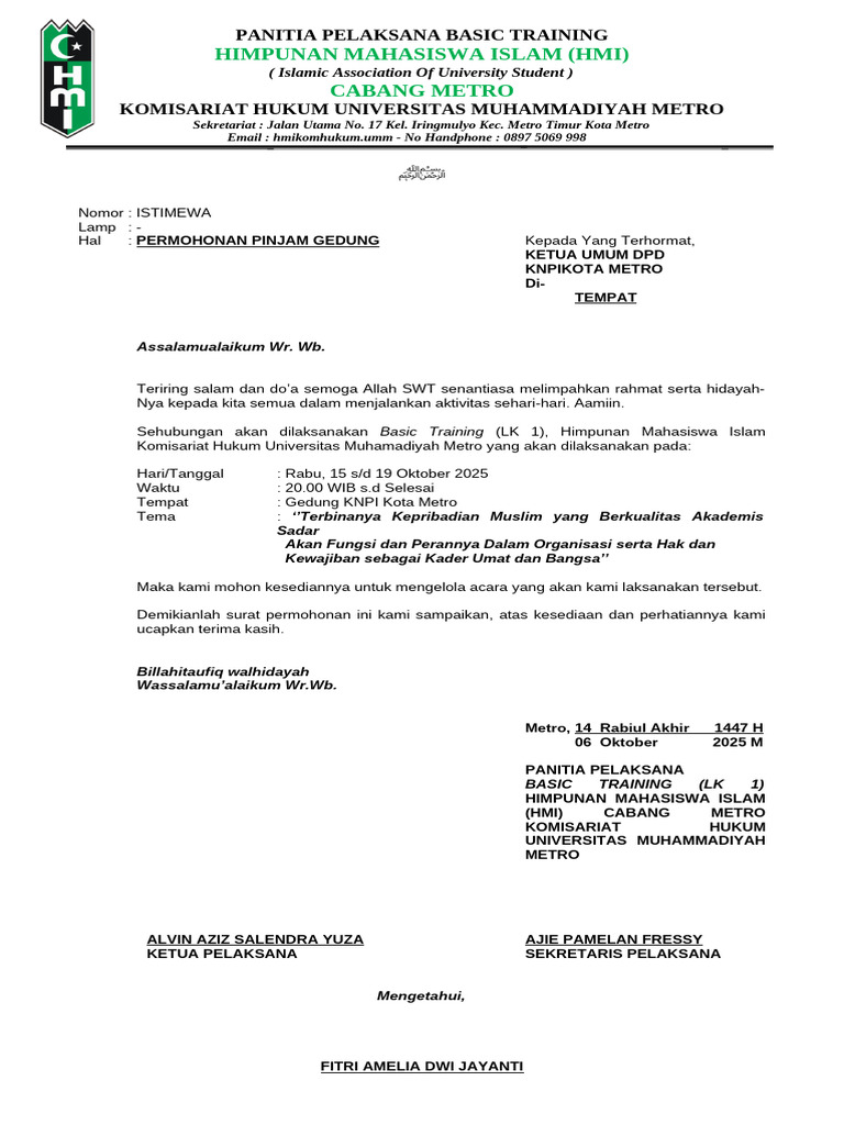 Surat Pinjam Basic Hmi Kom Hukum 2025 | PDF