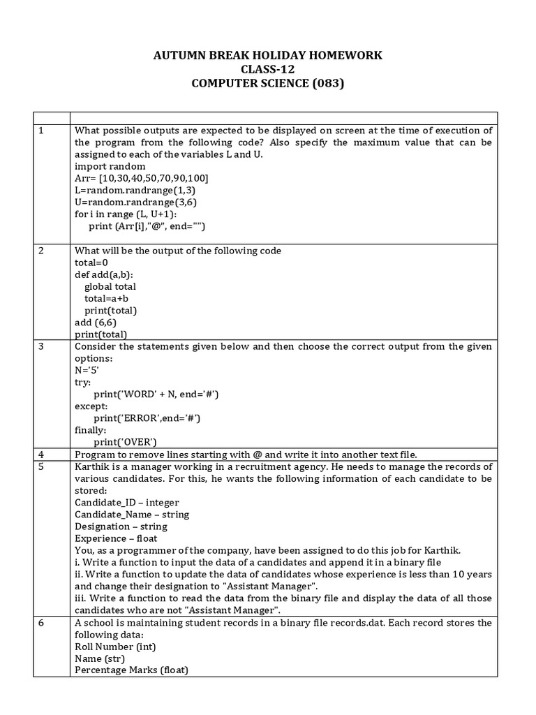 Class 12 Computer Science Homework Guide | PDF | Computer Program ...