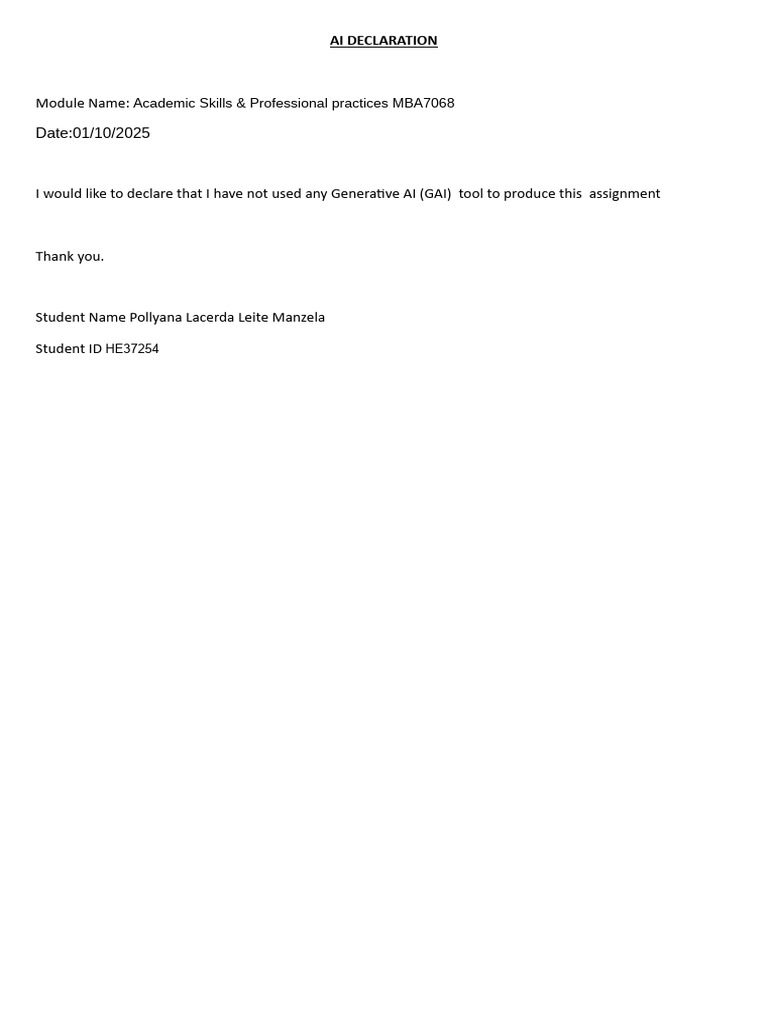 AI Declaration for MBA7068 Assignment | PDF