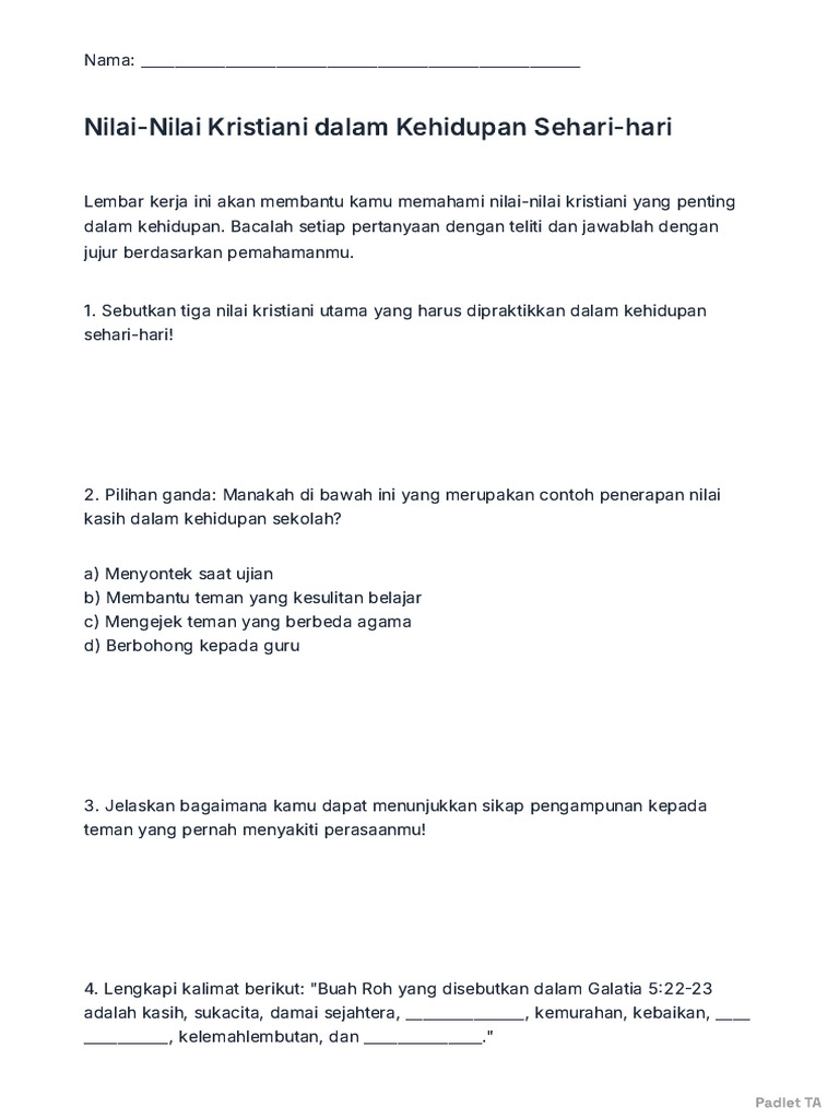 Worksheet Nilai Nilai Kristiani Dalam Kehidupan Sehari Hari | PDF