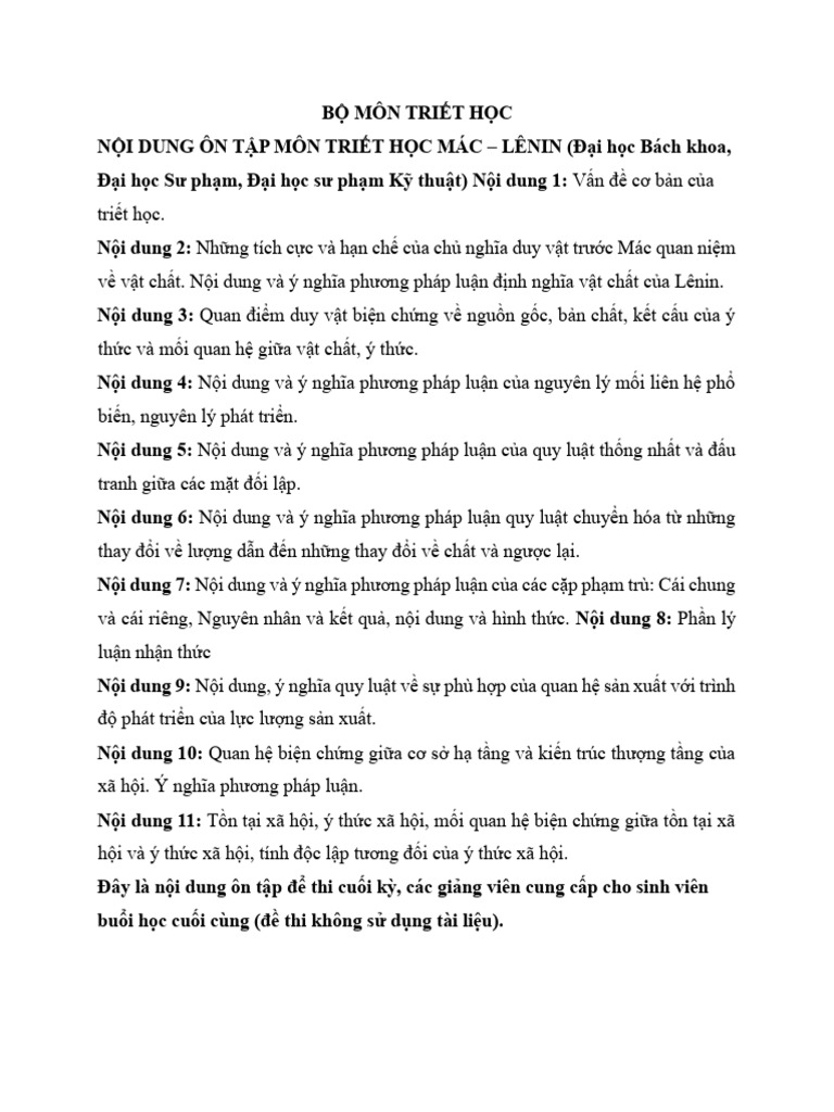Noi Dung On Tap Cuoi Ky Triet Hoc Mac Lenin Dai Hoc Su Pham Ky Thuat D 168674 | PDF