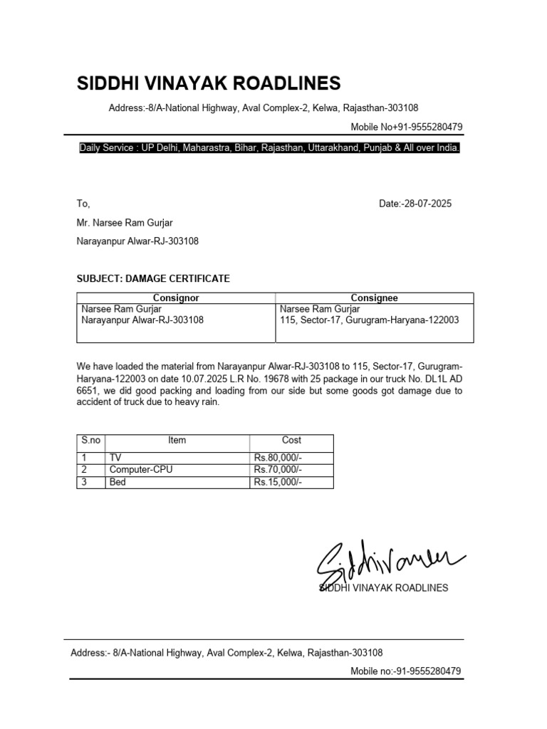 Damage Certificate for Goods Transported | PDF