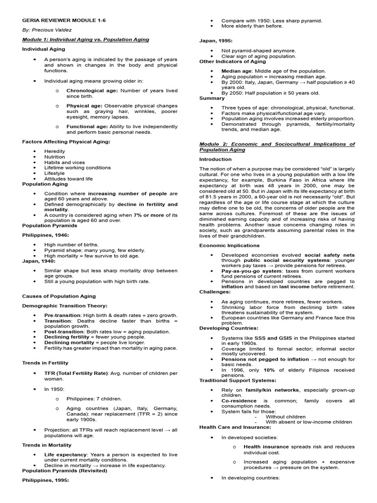 Geria Reviewer Module 1-6 | PDF | Ageing | Chronic Condition
