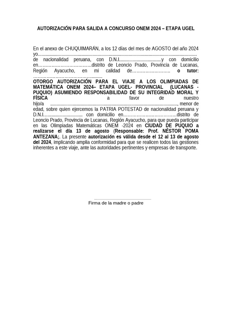 Autorización para Olimpiadas ONEM 2024 | PDF
