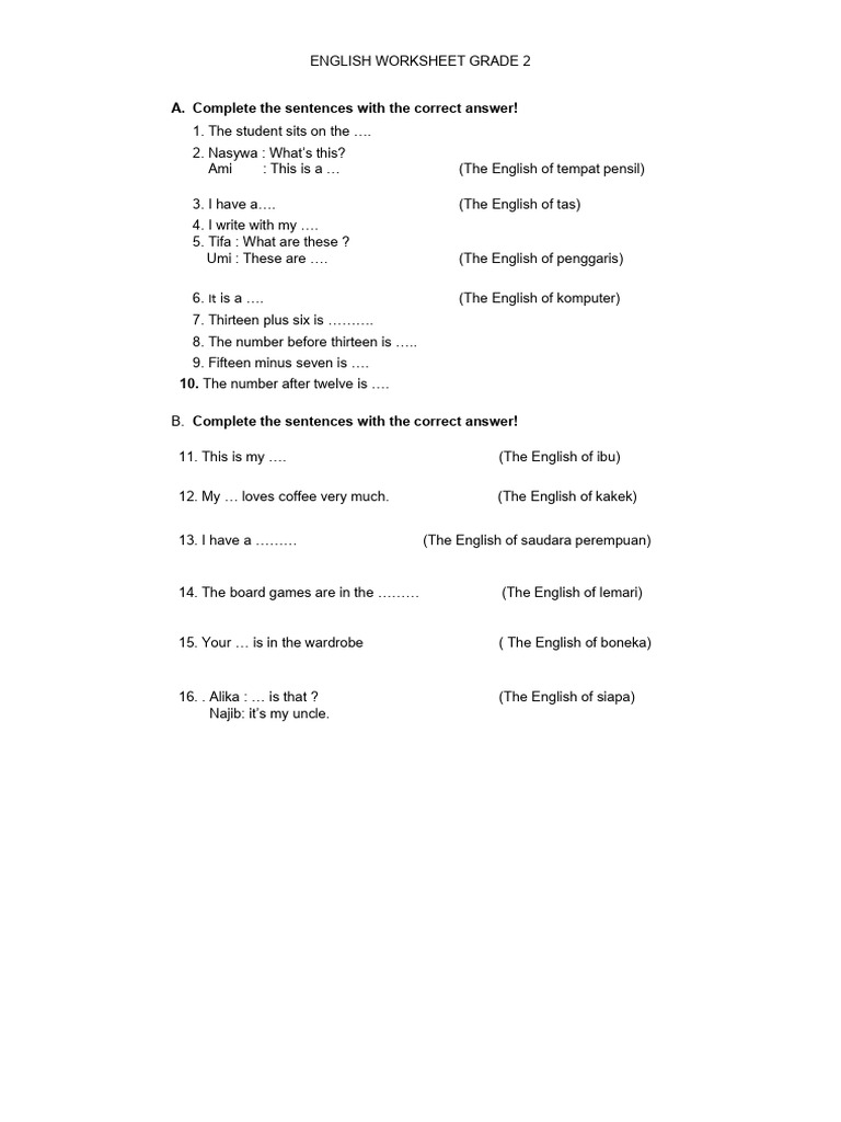 English Worksheet Grade 2 Pdf