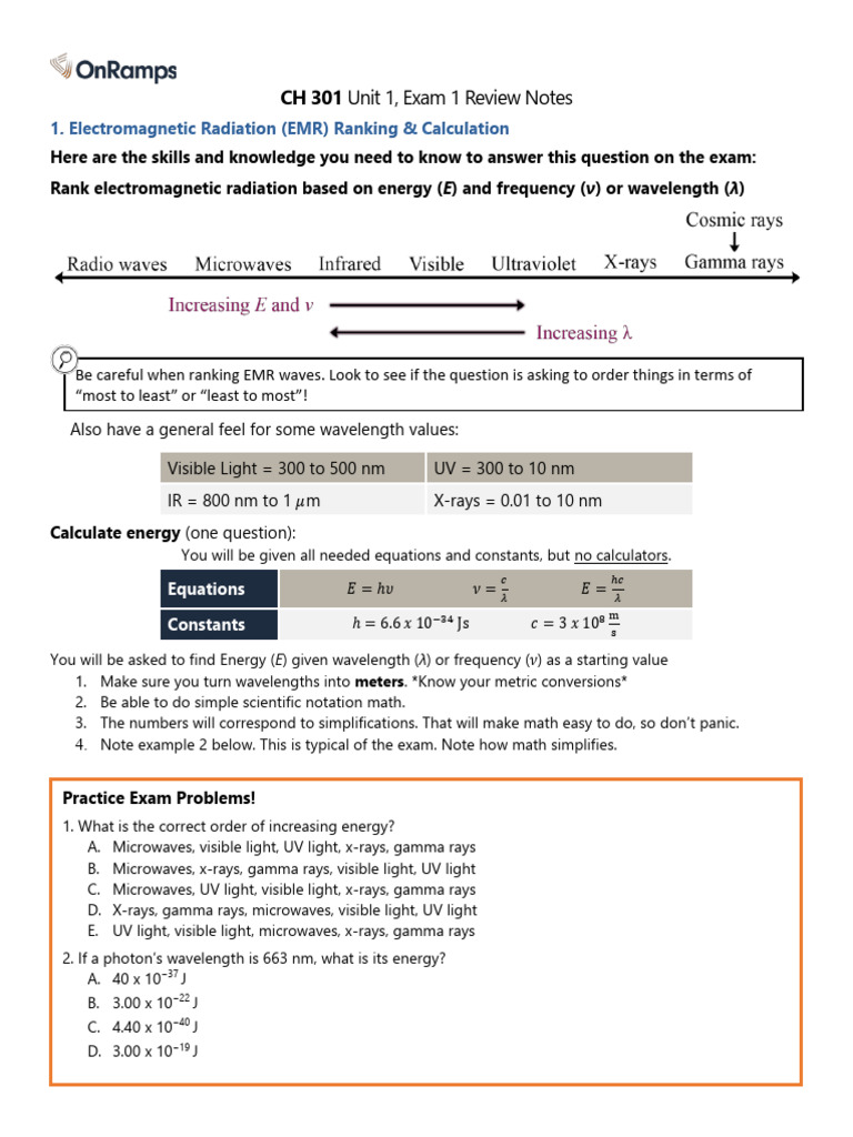 Unit 1 Exam 1 Review Notes Typed | PDF | Light | Electromagnetic Radiation