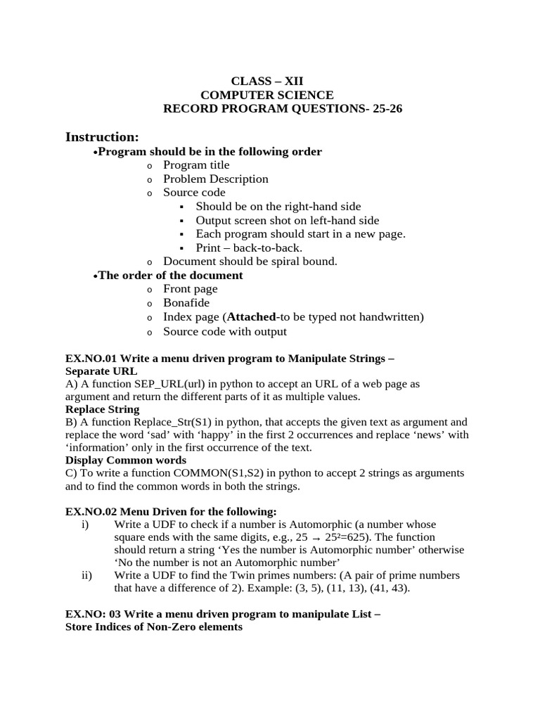 Class 12 Practical Record Programs | PDF | Computer File | Text File