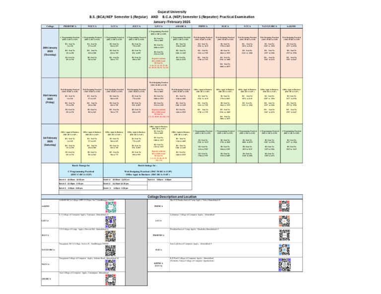 BCA Semester 1 Practical Exam Schedule | PDF