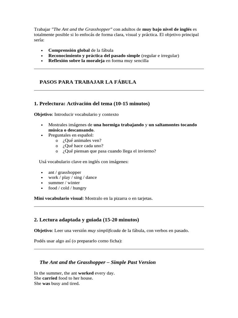 Enseñando "La Hormiga y el Saltamontes" | PDF