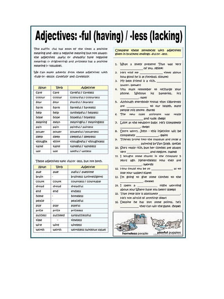 Adjectives Ending in Full or Less | PDF