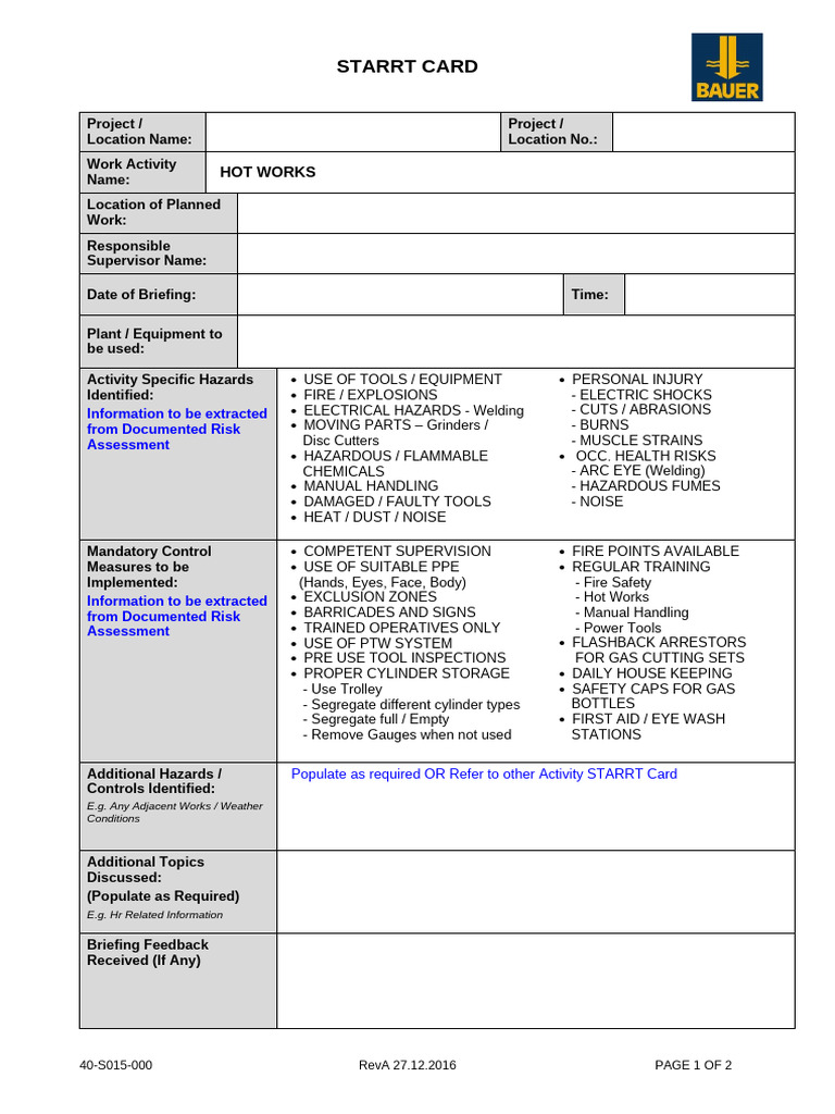 Hot Work Safety STARRT Card Template | PDF | Welding | Construction