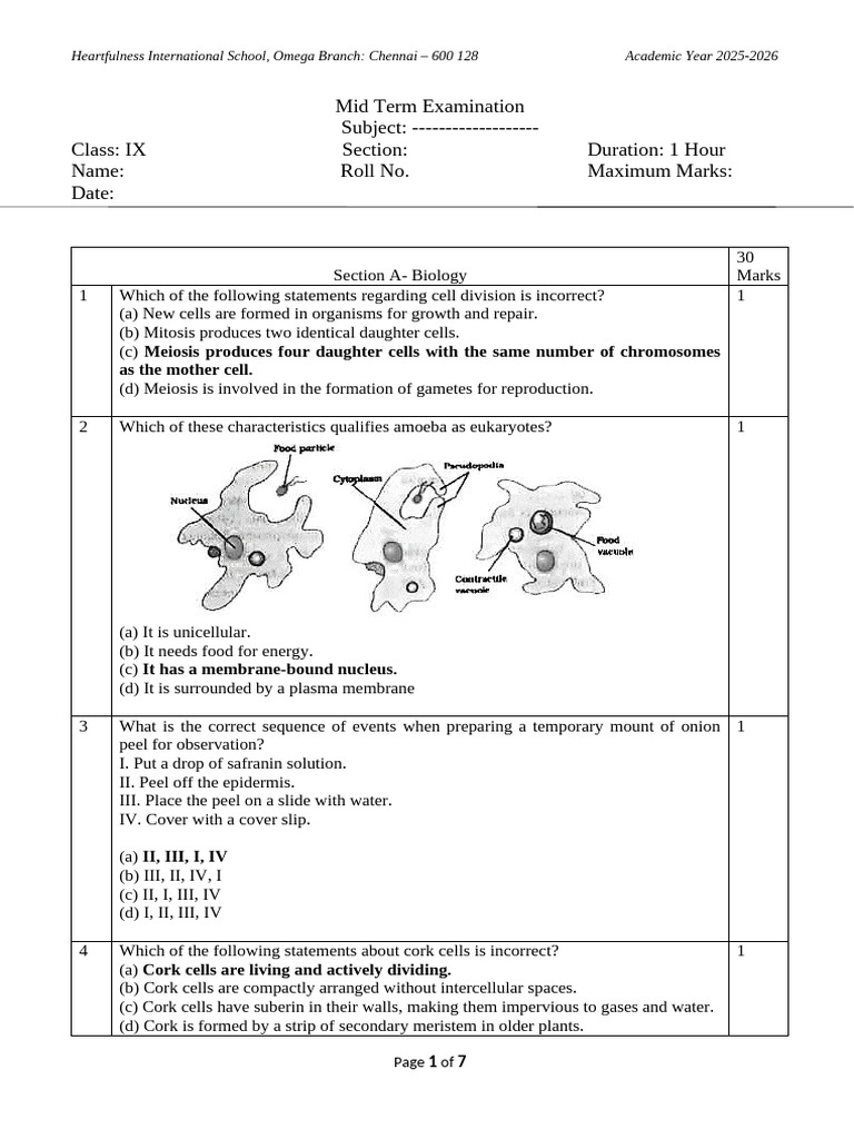 Gr. 9 Bio Mid Term-2025-26 | PDF | Tissue (Biology) | Leaf