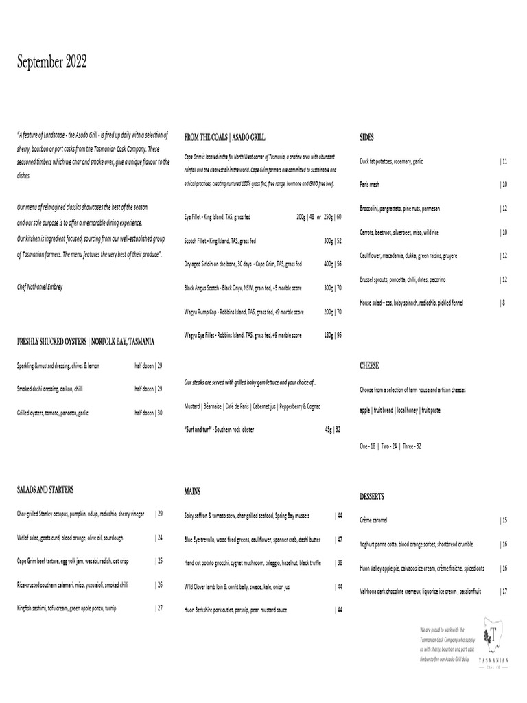 Landscape Menu SEPTEMBER 2022 | PDF | Foods | Cuisine