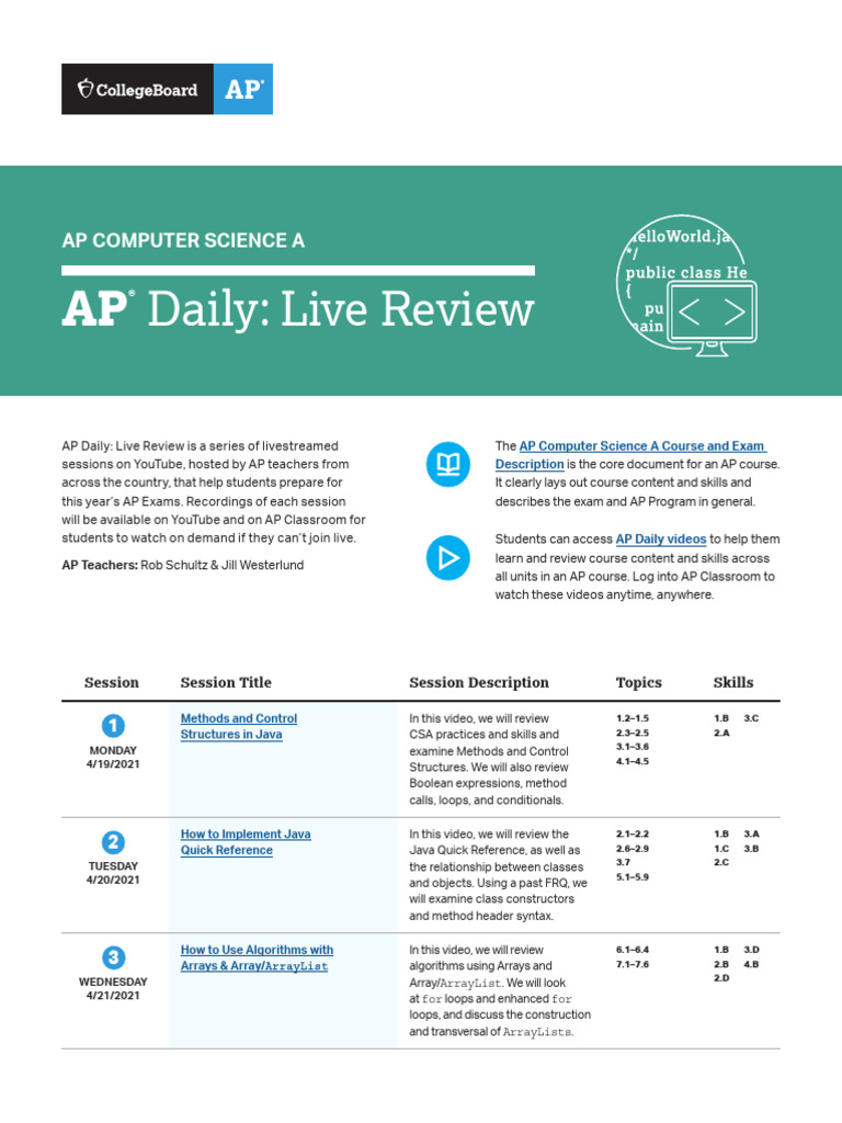 AP Daily Live Review Syllabus AP Computer Science A | PDF | Advanced ...