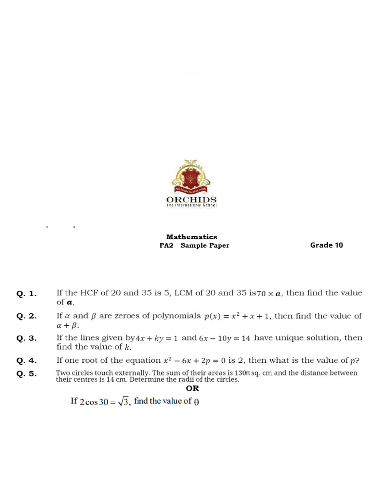 Grade 10 Mathematics Sample Paper | PDF | Circle | Mathematics