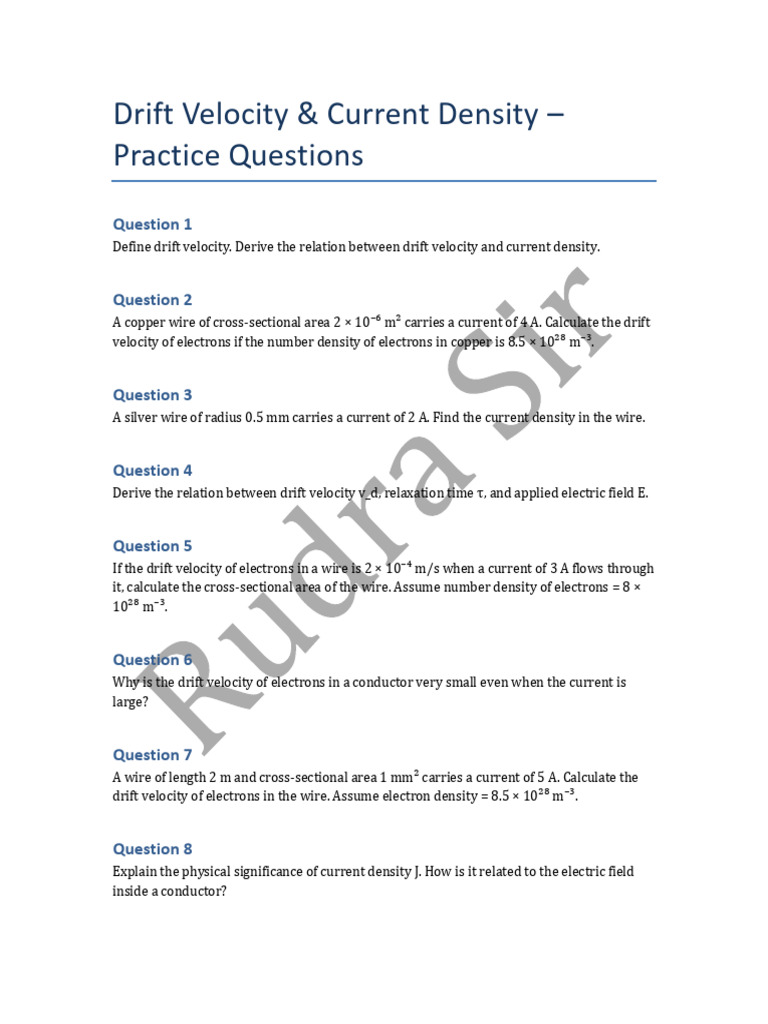 Drift Velocity & Current Density Questions | PDF