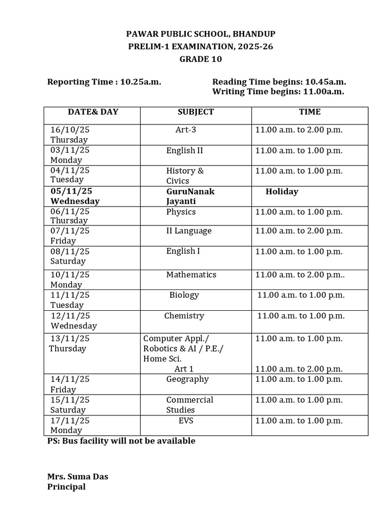 Grade 10 Prelim Exam Schedule 2025-26 | PDF