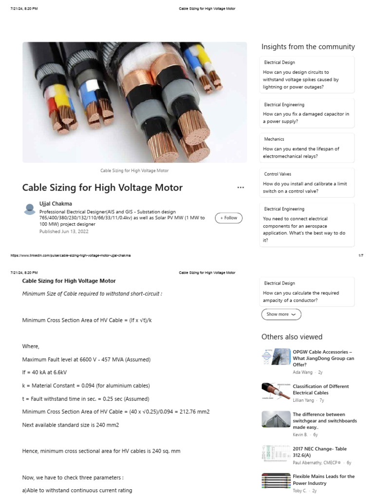 High Voltage Motor Cable Sizing Guide | PDF | High Voltage | Voltage